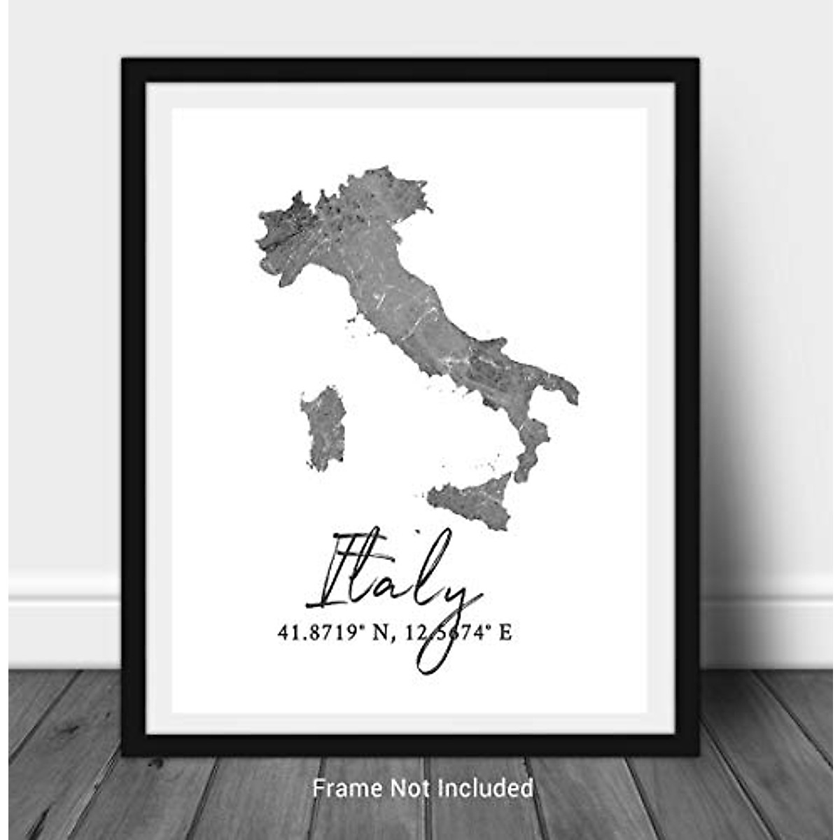 Italy Map Wall Art Print - 8x10 Silhouette Decor Print with Coordinates. Makes a Great Italian-Themed Gift. Shades of Grey, Black & White.