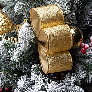 Ribbli Gold Glitter Wired Ribbon with Gold Metallic Edge,Christmas Ribbon for Wreath, Tree Decoration, Home Decor, 2-1/2 Inch x 10 Yards