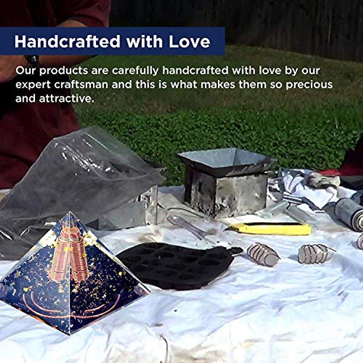 Re-Balancing Orgone Pyramid - Black Tourmaline Healing Crystals and Stones Pyramid - Gold Foil Copper Coil Soothes Panic Attacks Orgonite Pyramid - By Orgonite Crystal