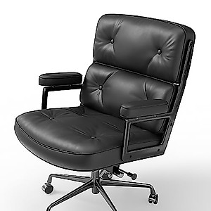 Office Chair- Aluminum Arms Thickened Backrest Lumbar Support, Executive Desk Chair, Genuine Grain Leather Thick Padded Strong Aluminum Base Quiet Wheels, Ergonomic Mid Back Leather Computer Chair