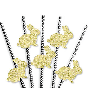 Gold Glitter Bunnies Party Straws - No-Mess Real Gold Glitter Cut-Outs & Decorative Easter Paper Straws - Set of 24