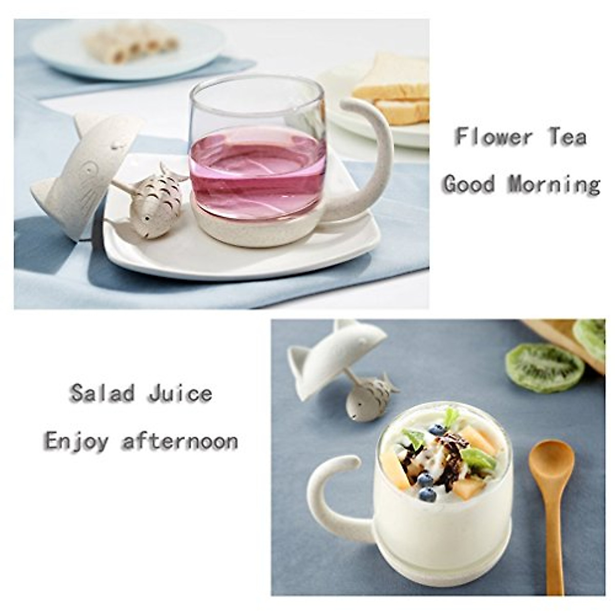 JEWOSTER Cute Cat Glass Cup Tea Mug With Fish Tea Infuser Strainer Filter