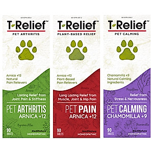 MediNatura T-Relief Pet Arthritis Pain Relief 90ct Tablets, T-Relief Pet Pain Relief 90ct Tablets and T-Relief Pet Calming with Chamomile 90ct Tablets Bundle