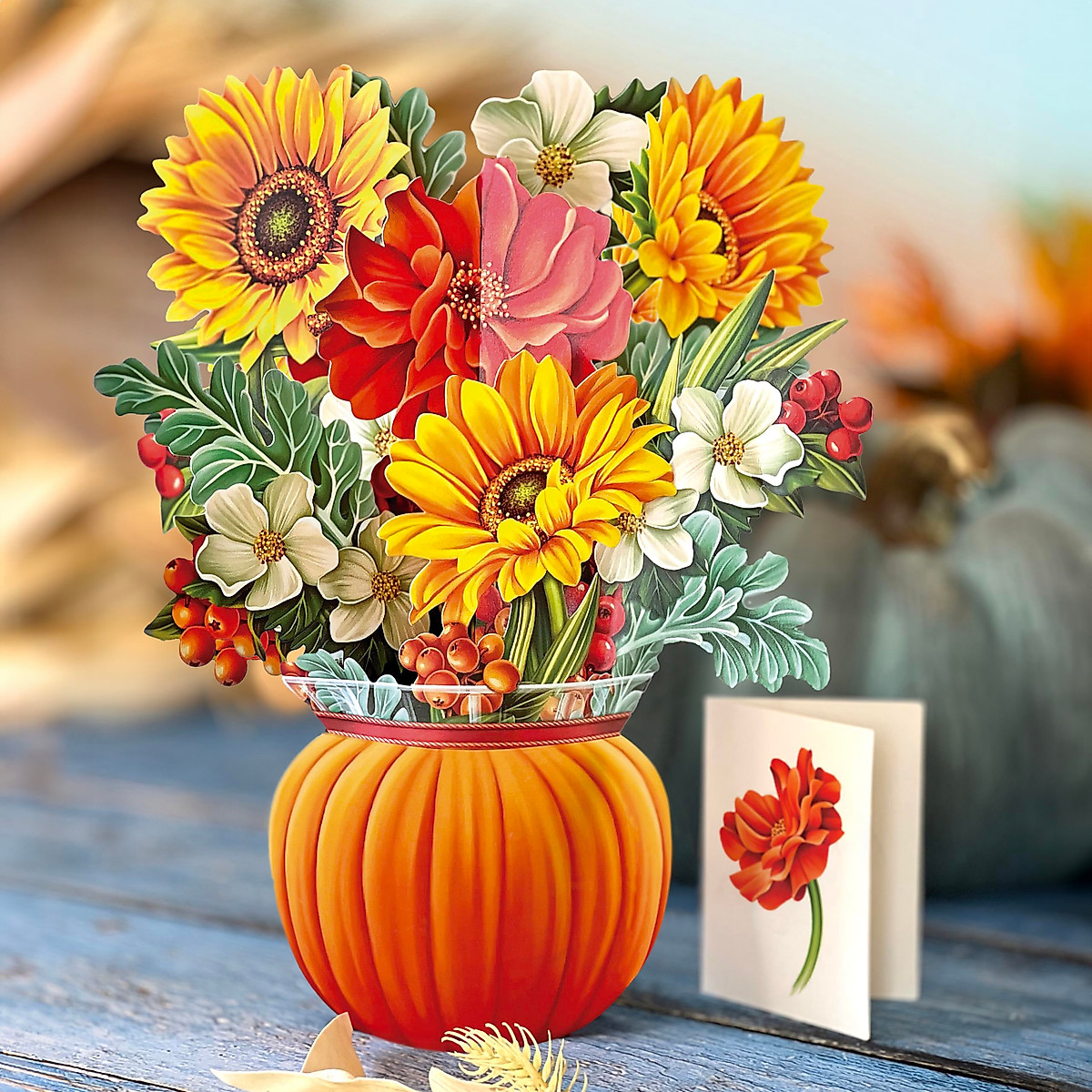Freshcut Paper Pop Up Cards, Pumpkin Harvest 12 inch Paper Flower Bouquet Greeting Cards with Blank Note Card & Envelope, Thanksgiving Cards, Fall Cards, Sunflower Birthday Gifts for Women