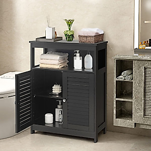 COSTWAY Bathroom Storage Cabinet, Wooden Side Storage Organizer with Louver Doors & Removable Shelf, Freestanding Floor Cabinet for Living Room, Kitchen, Entryway (Black)