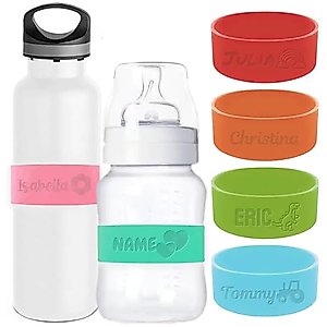 ubjva Personalized Water Bottle Name Bands Custom Engraved Silicone Labels with Name Reusable Baby Bottle Straps for Daycare School-Engraved Name