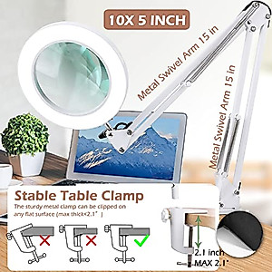 5 Inch Magnifying Glass with Light and Stand, TOMSOO 10X Real Glass Lighted Magnifier, Stepless Dimmable 3 Color Modes Adjustable LED Magnifying Desk lamp for Close Work Reading Repair Crafts - White