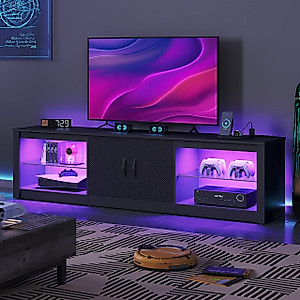 Bestier 70 inch Gaming TV Stand with Power Outlets, LED Entertainment Center for 70/75/80/85 Inch TV, Modern TV Cabinet for PS5 Xbox Console, TV Stand for Living Room Black