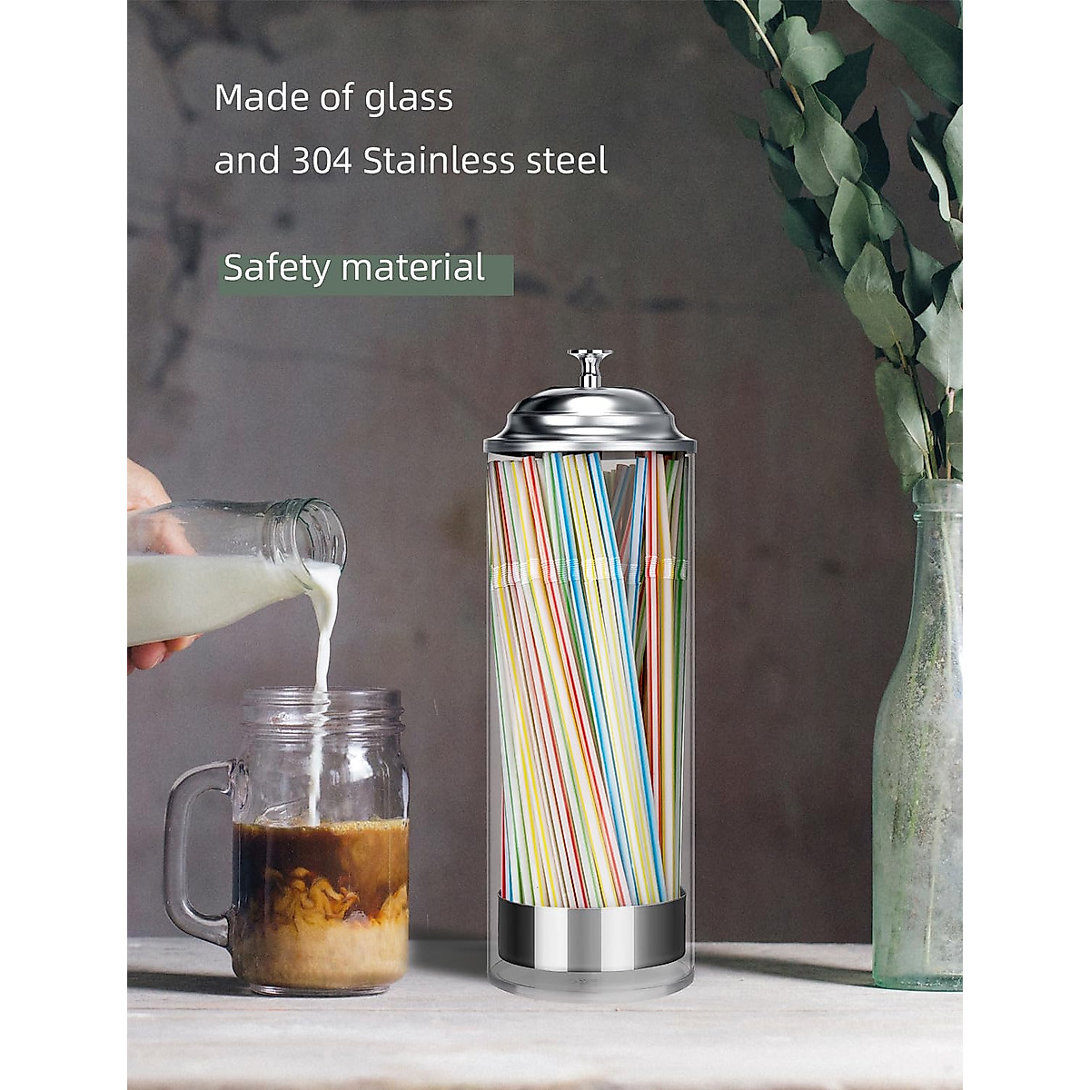 BIGINIWA Straw Holder Dispenser 100 PCS Straws includ - Clear Glass Drinking Straw Container with Lid for Counter