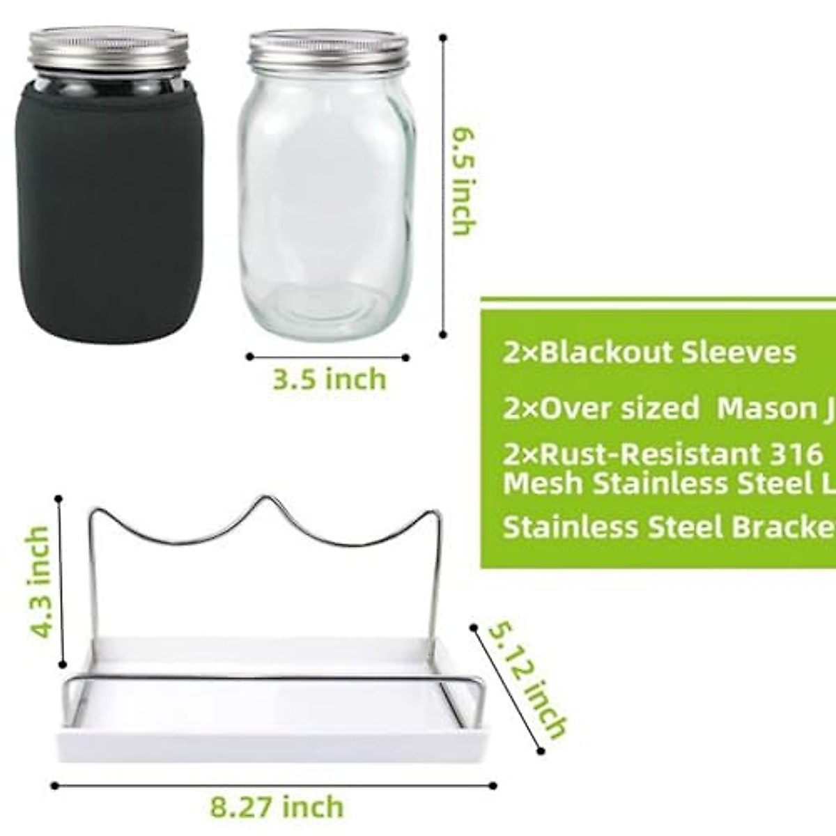 Mueuton Sprouting Jar Kit-2 Wide Mouth Quart Mason Jars（32oz with Stainless Steel Screen Sprout Lids, Tray, Stand and Canning Brush Seed Sprouter Set…