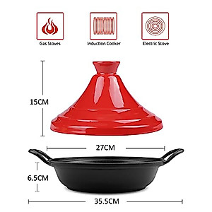 Ceramic Casserole Tagine Pot - Home Moroccan Slow Cooker Pot with Enameled Cast Iron & Lid for Cooking and Stew,Red