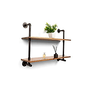 Pipe Floating Shelves, 2 Tier Wall Shelf with Towel Bar, Industrial Pipe Floating Shelves, Wall Mount Bookshelf for Bedroom, Kitchen, Living Room, Hanging Bookshelf 35.5 in L