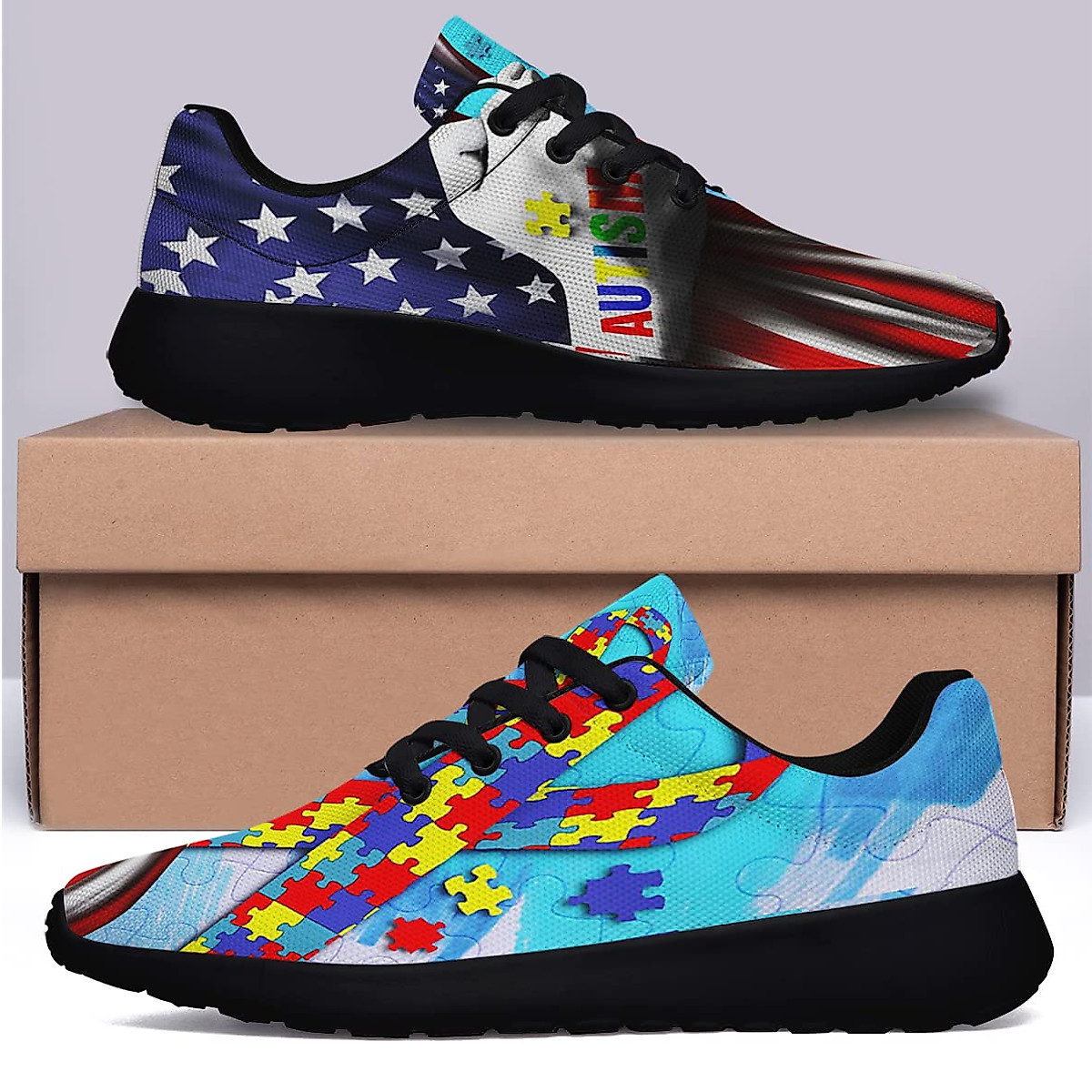 Autism Awareness American Flag Shoes for Men Women Running Sneakers Breathable Casual Sport Tennis Shoes Gift for Him Her Black Size 11.5