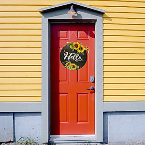 Autonomier Hello Welcome Wood Wall Hanging Sign, Colourful Sunflower Wooden Front Door Decor, Round Antique Wood Rustic Porch Decoration for Home Office Garden Farmhouse, 12 x 12 Inch（Brown）