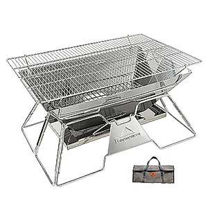 CAMPINGMOON Stainless Steel Portable Camping Fire Pit Foldable Wood Burning Charcoal Grill 20x13-inch with Carrying Bag MT-3