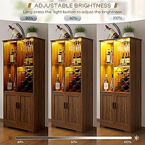 Kasibie Wine Cabinet, Wine Bar Cabinet with LED Lights, Liquor Cabinet with Glass Holder Wine Rack, Farmhouse Modern Liquor Cabinet with Storage for Home (Brown)