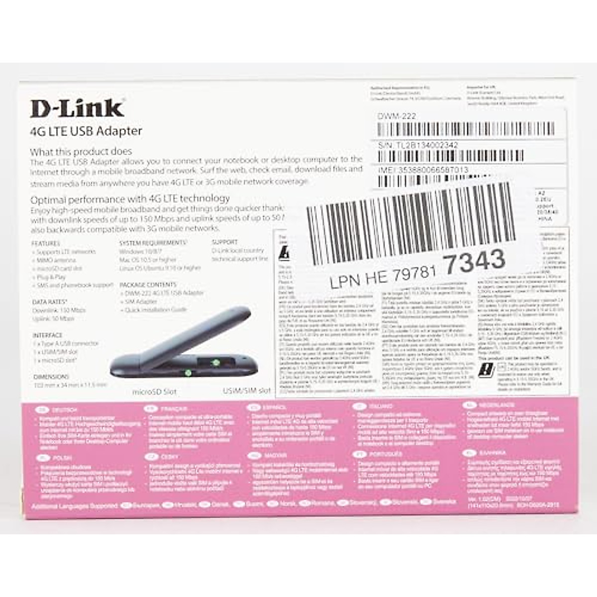 D-Link DWM-222 4G LTE Class 3 USB Adapter with Integrated Antenna for Windows XP/Vista/7/8, Mac OS X 10.5 - Black