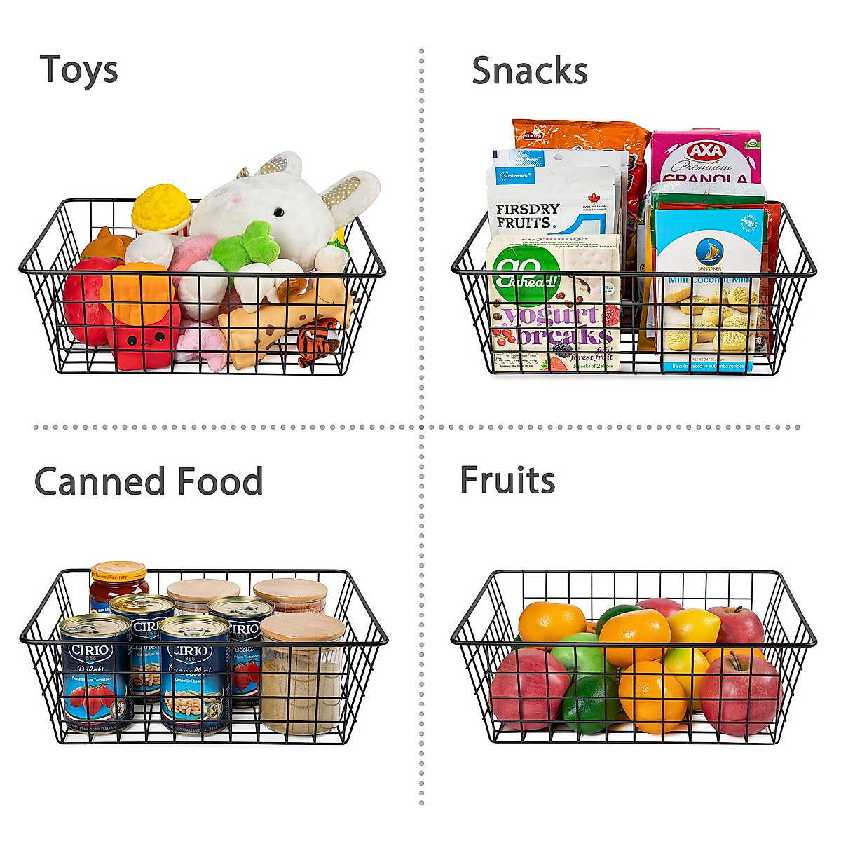 Wire Storage Baskets for Organizing, Vtopmart 4 Pack Metal Wire Freezer Organizer Bins with Handles, Large Pantry Baskets for Kitchen Cabinets, Bathroom, Laundry, Garage, Black