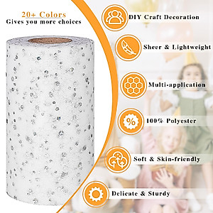 Glitter Tulle Rolls, 6” by 50 Yards (150FT) Sequin Tulle Netting Fabric Tulle for Tutu Skirts Sewing Birthday Wedding Party Decoration (White)
