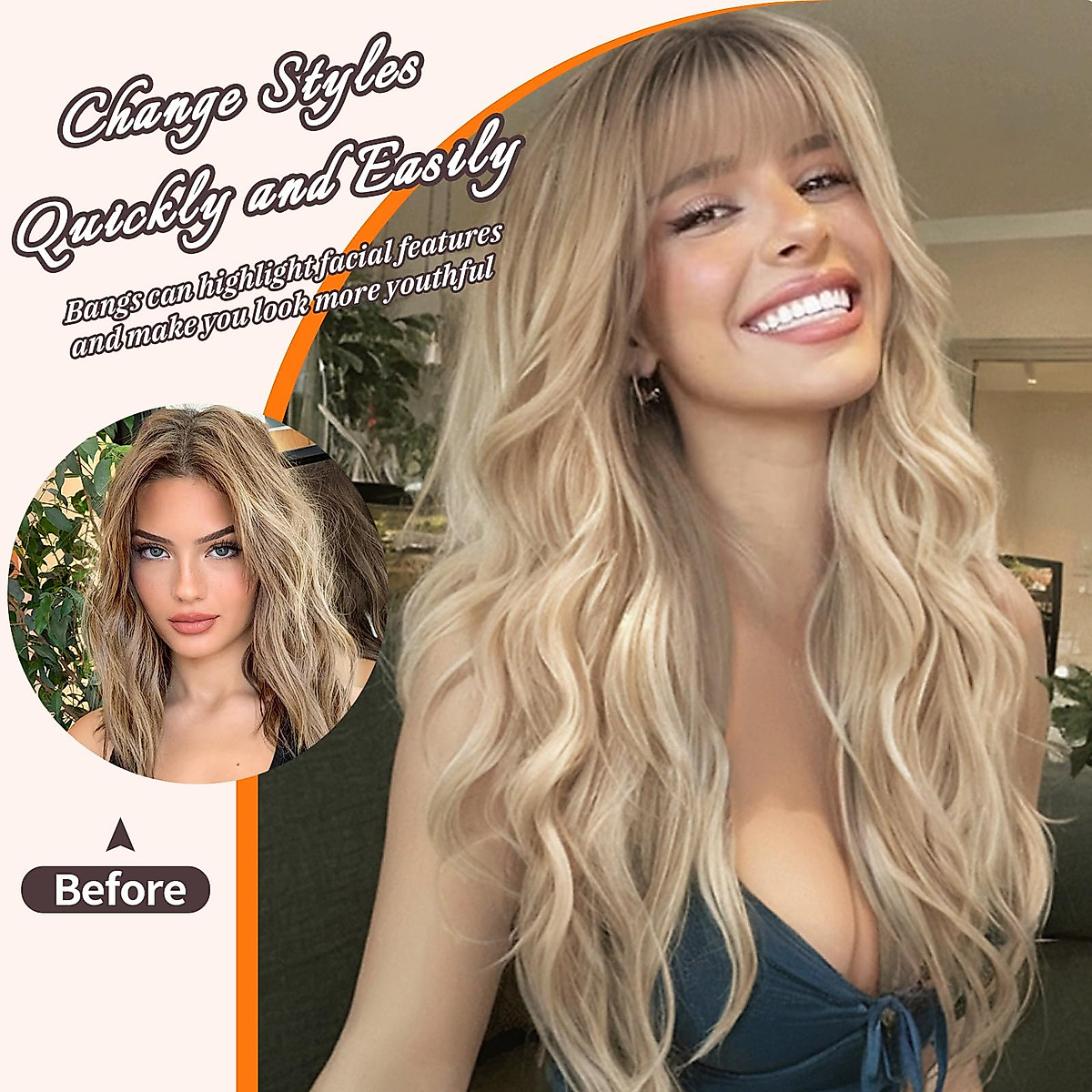 ORSUNCER Blonde Wig with Bangs Long Wavy Curly Ombre Blonde Wig Natural Looking Synthetic Heat Resistant Hair Wigs for Daily Party Wig 26 Inches