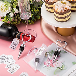 60 Pack Heart Shape Wine Stoppers Love Wine Bottle Stopper Silver Champagne Beer Bottle Stopper Decorative Wine Stopper with Sheer Bags, Labels for Wedding Gift Valentine's Day Decorations