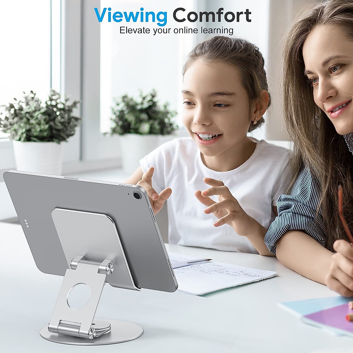 OMOTON Swivel Tablet Stand for iPad with 360 Rotating Base, Foldable Adjustable Holder for Drawing, Compatible with iPad Pro/Air/Mini and More, Silver