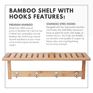 ToiletTree Products 100% Bamboo Wooden Natural Shelf with 4 Stainless Steel Hooks