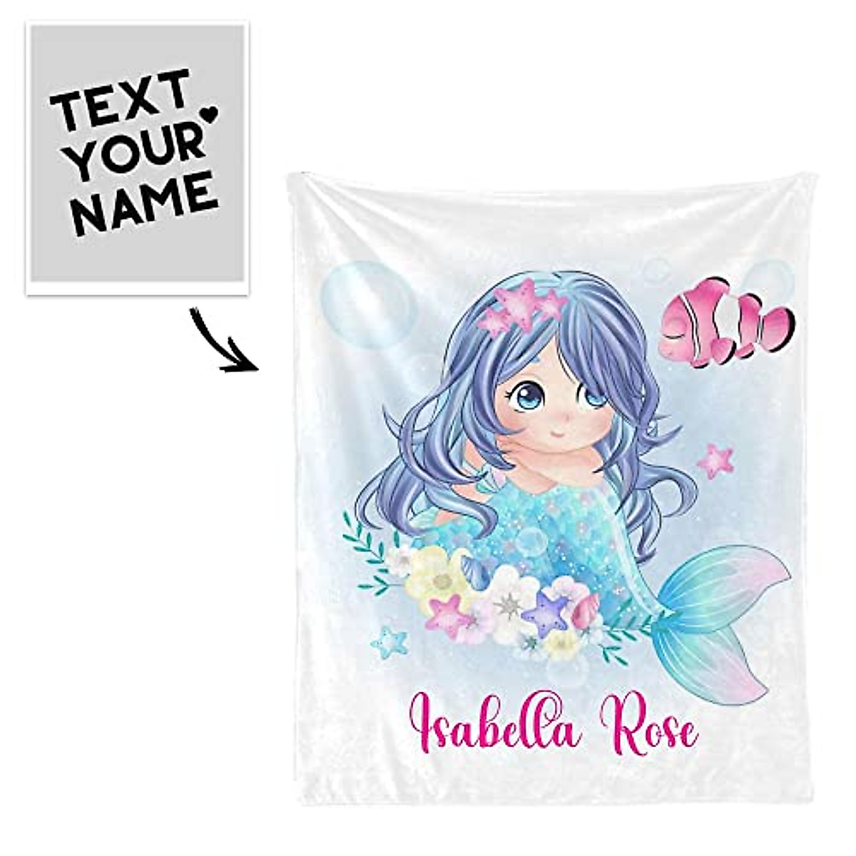 Custom Blanket Personalized Cute Mermaid and Fish Soft Fleece Throw Blanket with Name for Gifts Sofa Bed (50 X 60 inches)