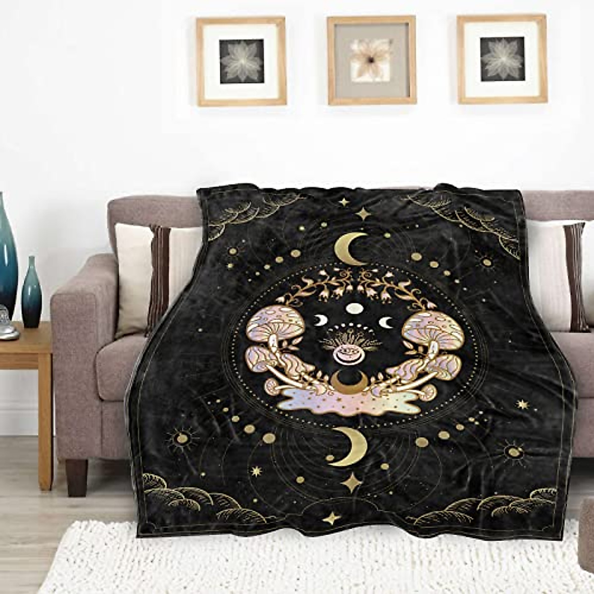 Black Mushroom Soft Decor Fleece Blanket Fuzzy Soft Plush Eyes Gifts Sun Moon Blanket for All Season Throws for Home Couch Bed Sofa Livingroom Office 50"x60"