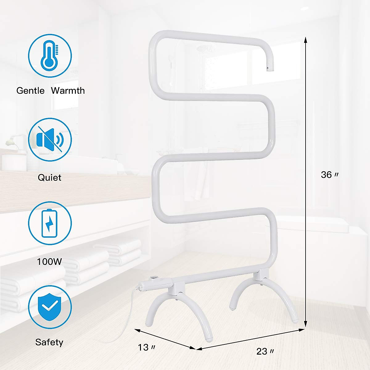 Electric Towel Warmer, S-Shaped Heated Towel Rack with Built-in Switch, Constant Temperature Control, 15 Min Fast Heating, Freestanding & Wall-Mounted Drying Rack for Bathroom, White