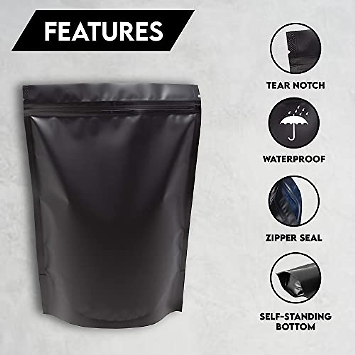 SPACE SEAL Matte Black Aluminum Mylar Bags (6.3x8.6 In - 100 Pcs), Reusable, Aluminum Sealing, Zipper Closure, Smell Proof, UV Protection, Food Storage