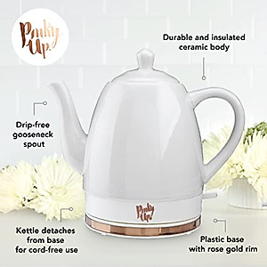 Pink Up Noelle Electric Tea Kettle, Gooseneck Kettle, Hot Water Dispenser, Pour Over Coffee, Automatic shut off, Cordless, Electric Teapot, 1.5L, Ceramic, Grey
