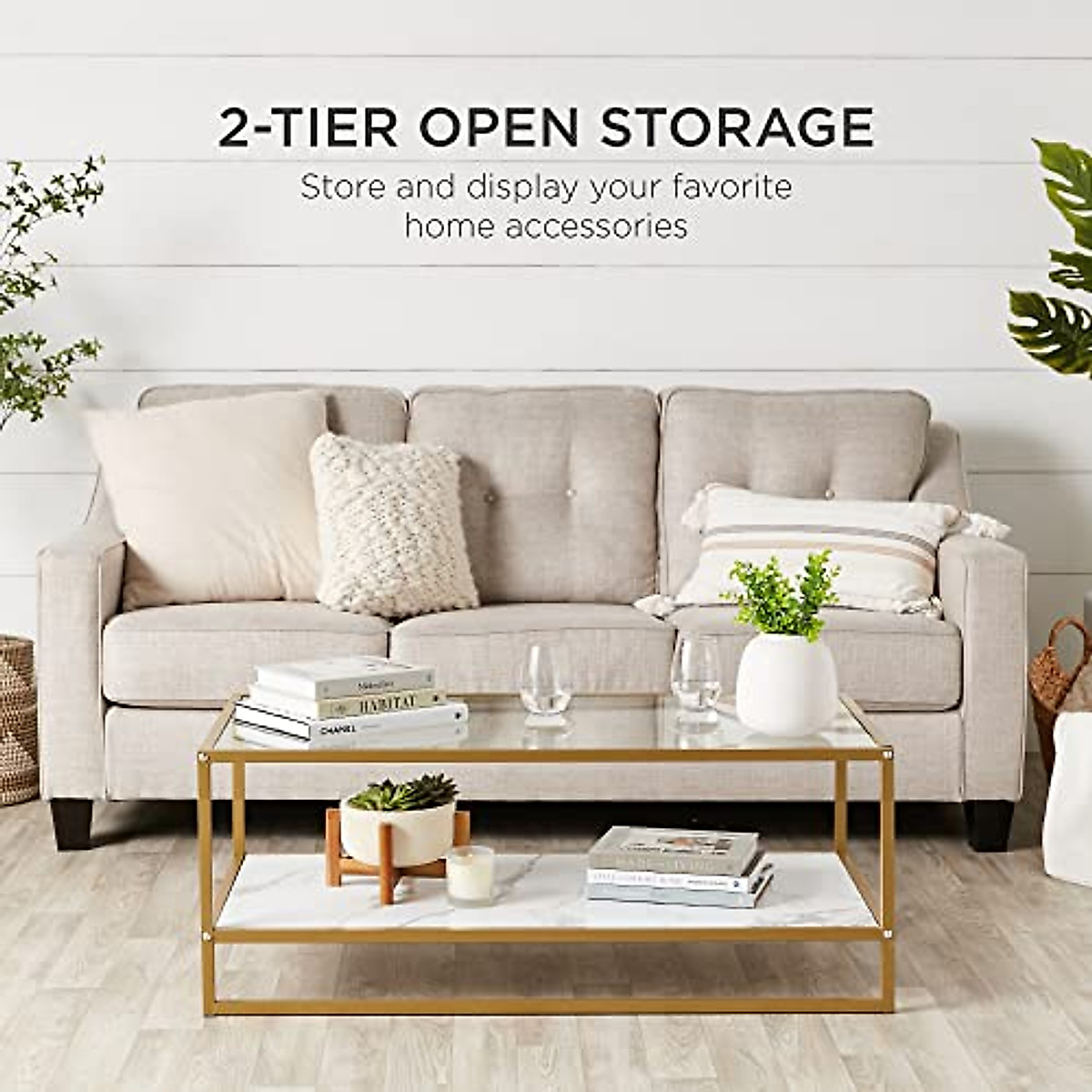 Best Choice Products 44in Glass Coffee Table 2 Tier Rectangular Coffee Table White & Gold with Faux Marble Shelf Interchangeable Glass & Shelf Accent Table, Living Room Table - Gold