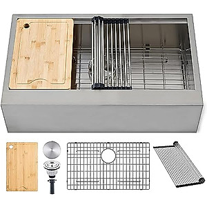 VESLA HOME 33 inch Farmhouse Sink, 304 Stainless Steel Single Bowl Workstation Kitchen Sink, Handmade 16 Gauge 9 inch Deep Apron Sink Farm Sink with Accessories