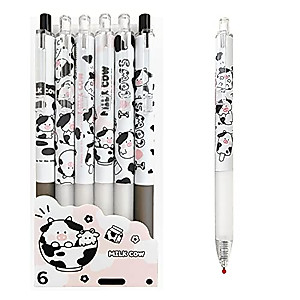Cute Pens Kawaii 0.5mm Black Ink Gel Pens Fine Point Smooth Writing Ballpoint for Office School Supplies Nice Fun Gifts for Kids Girls Women Pens for Journaling，Pack of 6pcs (Little Milky Cow)