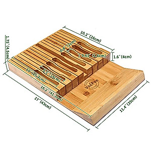 In-Drawer Knife Block,Bamboo Knife Drawer Organizer Insert, Kitchen Knife Drawer Storage for 16 Knives PLUS a Slot for your Knife Sharpener (Without Knives)