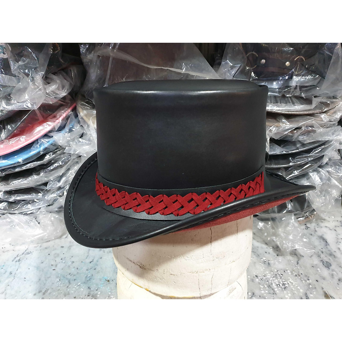 Steampunk Braided Band Black Leather Top Hat (Leather, Large)