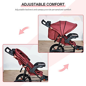 Qaba Baby Stroller Foldable Carriage for Toddler with Adjustable Backrest and Canopy Suspension System Rubber Tire 5-Point Harness Cup Holder Storage Basket Red