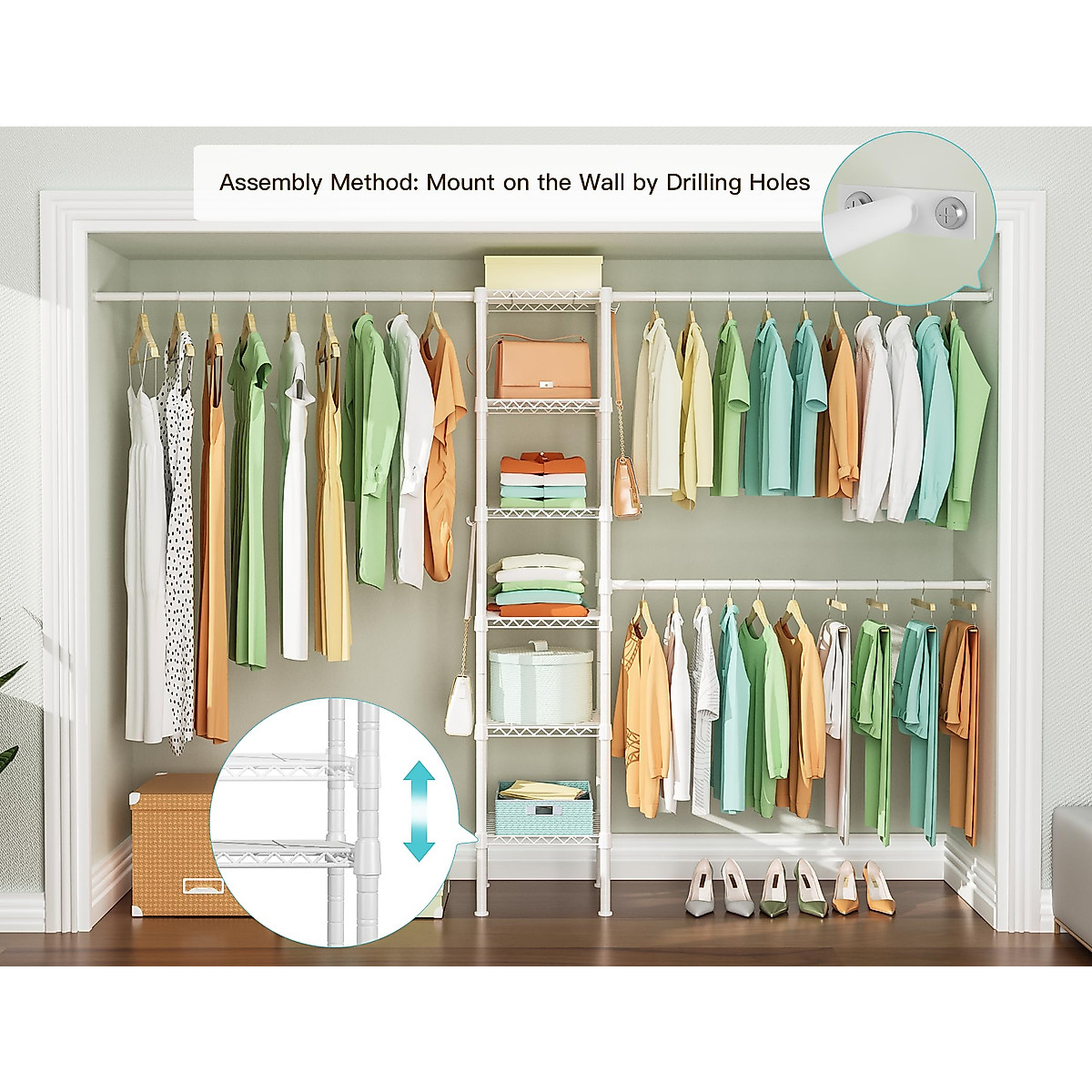 Ulif M1 Closet Storage Organizer System, 6 Tiers Heavy Duty Metal Garment Rack with 3 Expandable Hanger Rods, Wall Mounted Space Saver Suits from 5.4-8.7 ft. Width, 71.2”H x 14”D, 700LBS, White