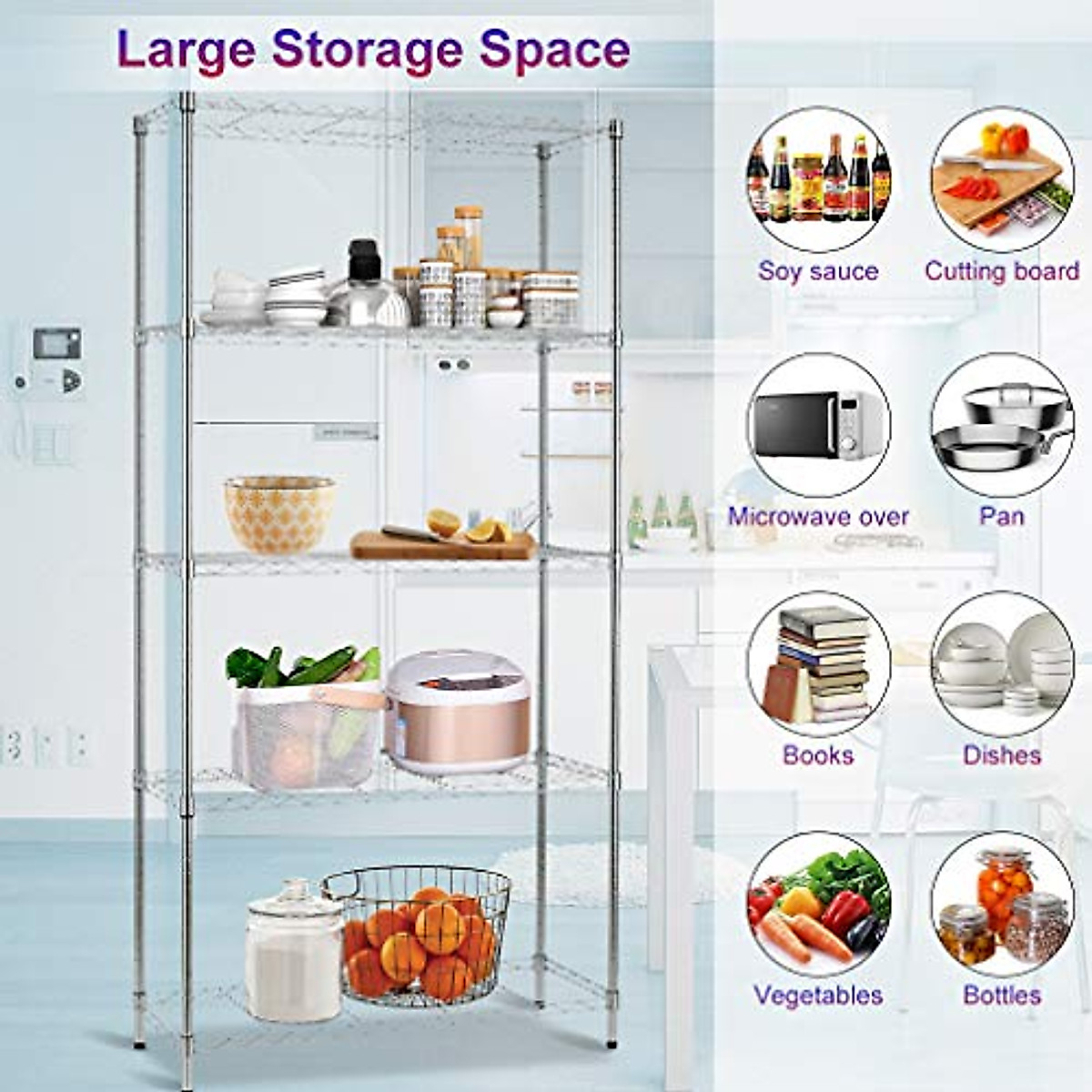 Storage Shelves Metal Wire Shelving Unit, 5-Tier NSF Heavy Duty Height Adjustable Utility Steel Garage Shelving with Leveling Feet, 36" L X 14" W X 72" H Commercial Grade Organizer Shelf Rack, Chrome