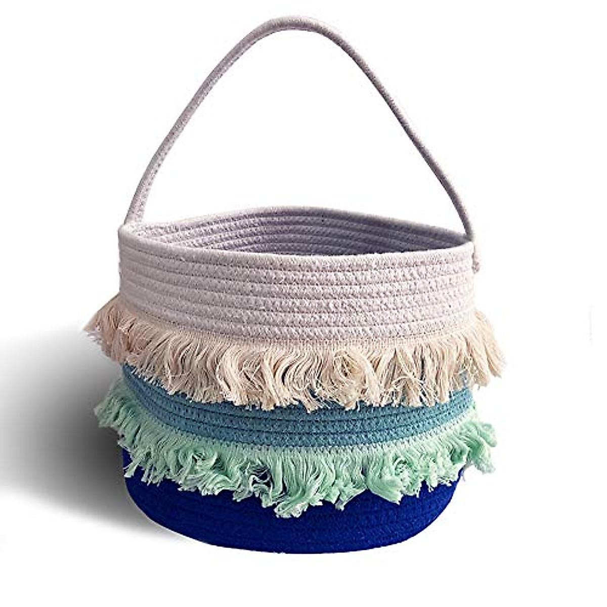 Rope Easter Basket for Kids - Easter Rope Basket with Tassel Encircled, Easter Blues Boys Basket, 9.5"D × 8"H Size, Design by QLTLQS-1986 (Blue)