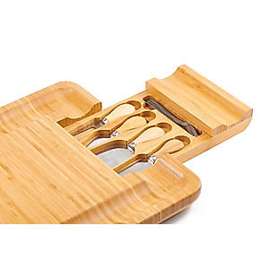 Utoplike Cheese Board Set, Bamboo Charcuterie Boards Server, Large Chacutery Platter Serving Tray with 4 Stainless Steel Knife Folks in Drawer, Perfect for Birthday, Housewarming