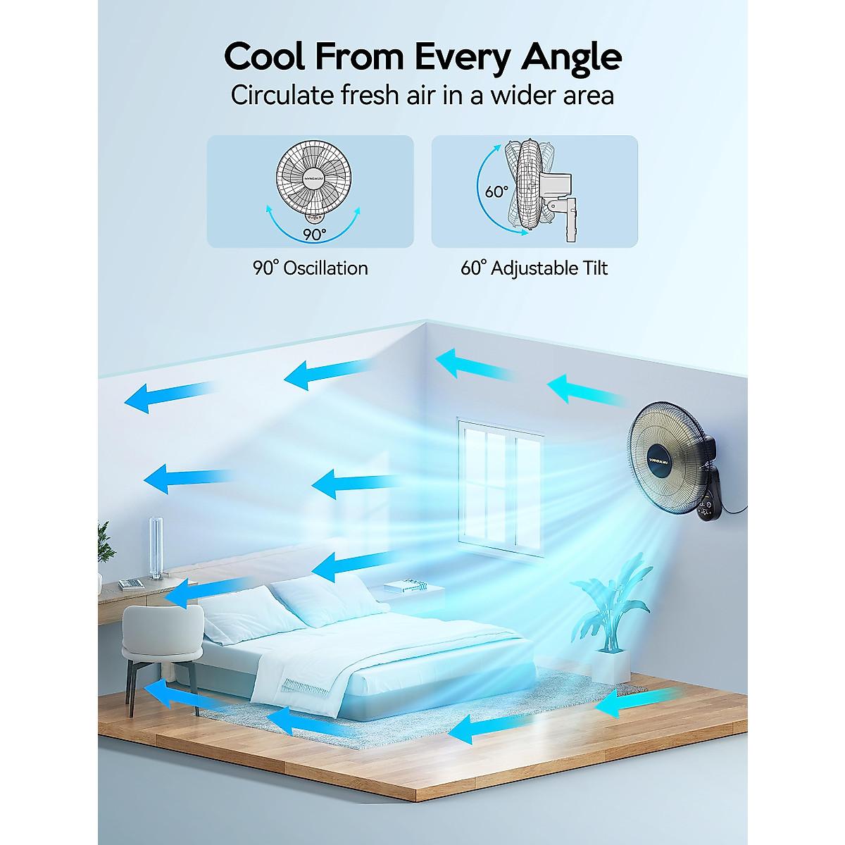 VAGKRI Wall Mount Fan, 16 Inch Wall Fan with 5 Blades, 5 Speeds, 8 Hour Timer, 90° Oscillating Quiet Fan with Remote for Home Office Bedroom Living Room Garage