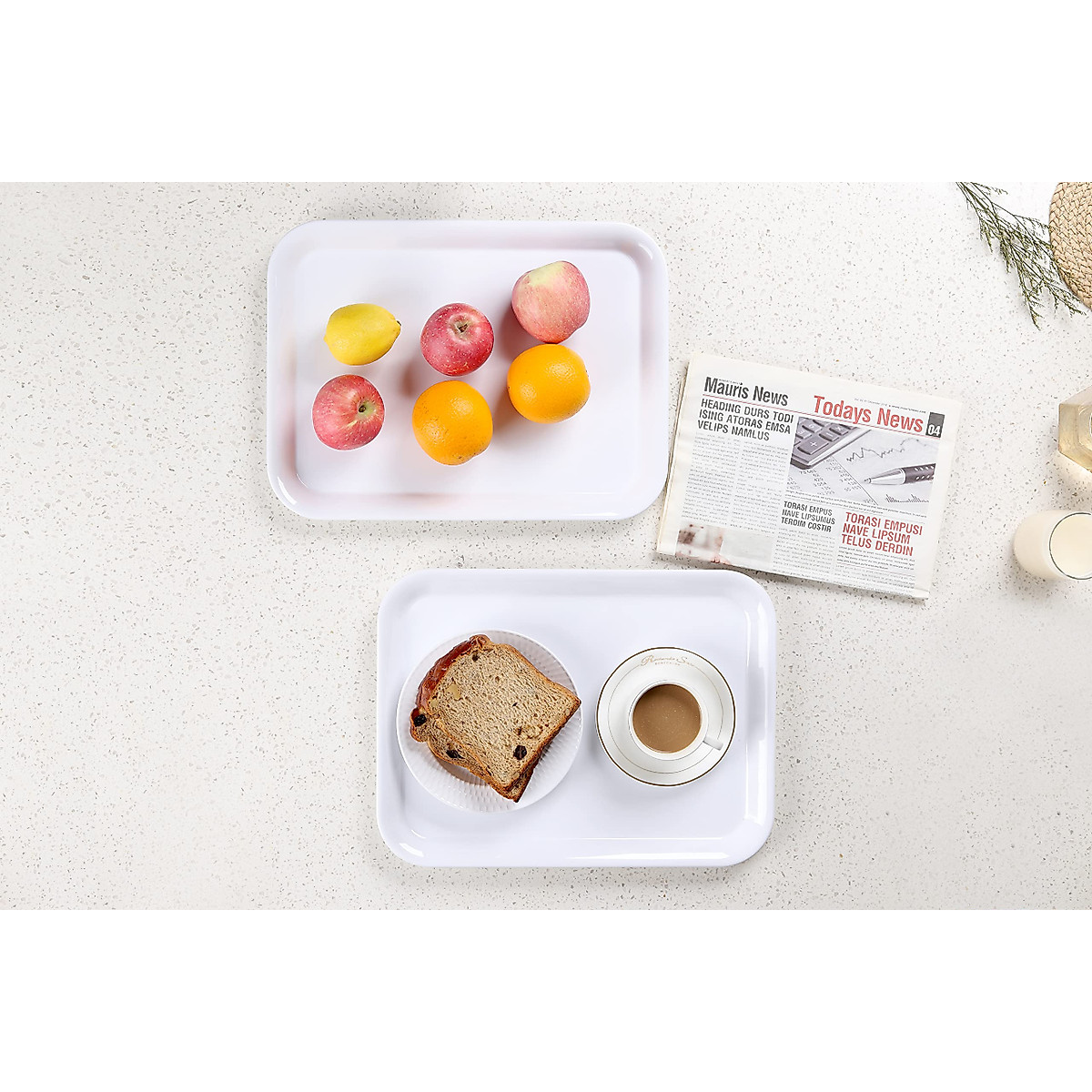 FlosSolis 15.1"x11.3" White Serving Tray Set of 2, Melamine Rectangular Serving Tray/Platters Stackable Sturdy and Easy Clean for Serving Food,Fruit,Desserts,Breakfast,Meals,BPA Free