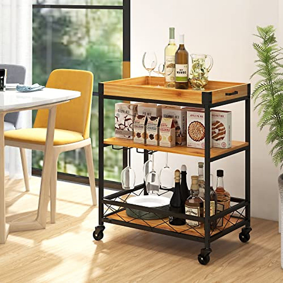 IFANNY Bar Cart, 3 Tier Rolling Cart with Removable Tray and Glass Holder, Wood Coffee Cart on Wheels, Small Kitchen Storage Islands & Carts, Serving Cart for Dining Room, Restaurant, Hotel