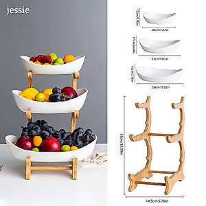jessie 3 Tier Fruit Basket,Ceramic Large Capacity Tiered Fruit Basket Stand,Bamboo Fruit Basket Fruit Serving Tray Snacks Nuts Bread Candy Storage Holder (White porcelain)
