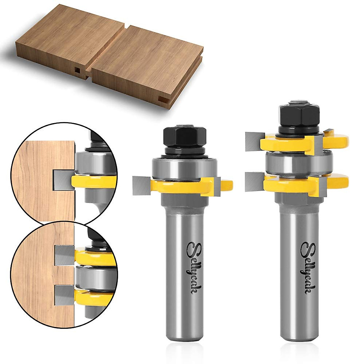 Tongue and Groove Router Bit Set 1/4 shank, SellyOak Tongue Groove Router Bit, 3 Teeth Adjustable T Shape for Doors, Drawers, Shelves & More