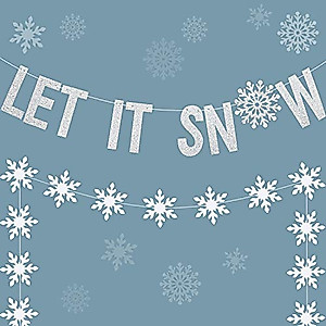 2 Pieces Let It Snow Banner, Glitter Winter Snowflake Banner and White Snowflake Hanging Garland Flag for Holiday Wall Decoration Christmas Party Supply