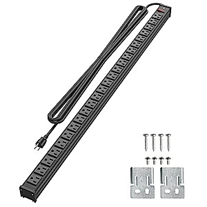 24 Outlet Metal Power Strip, Extra Long Heavy Duty Power Strip with 10FT Extension Cord, Mountable Power Strip for Warehouse Garage Workench, ETL Listed, Black