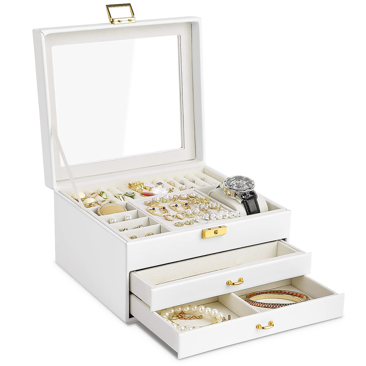 SIMBOOM Jewelry Boxes for Women with Glass Lid Top 3-Layer Jewelry Organizer Box 2 Drawers with Lock&Key for Earring Ring Necklace Bracelet Watch Christmas Valentin’s Day Gift Present for Her Wrapped in Box